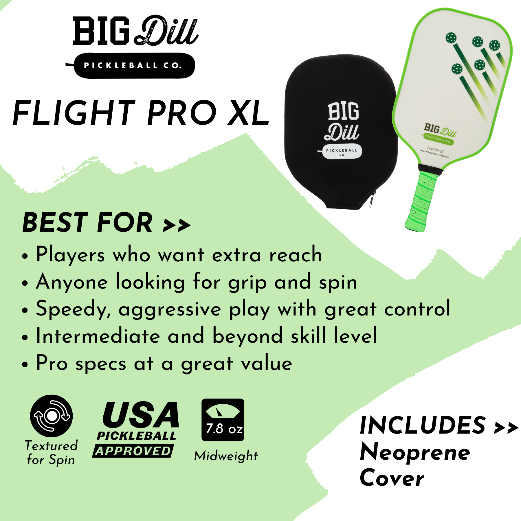 Flight Pro XL Fiberglass Pickleball Paddle with Neoprene Cover - USA ...
